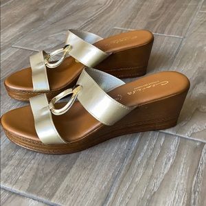 Shoes | Gold Double Strap Wedge Heel Sandals | Poshmark